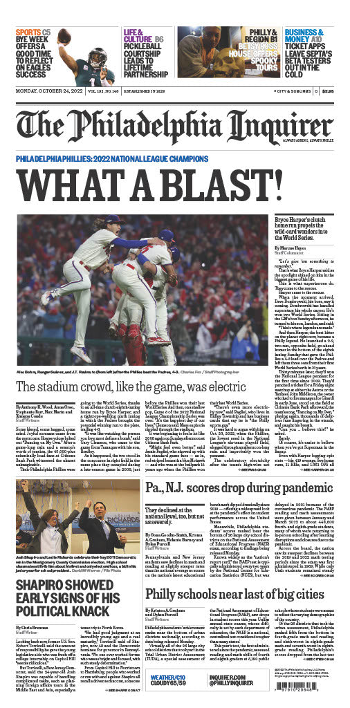 Reprint of The Philadelphia Inquirer: 10/24/22 - Phillies Advance to W ...